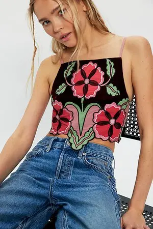 Free People Velvet Lotus Applique Top - Red Combo