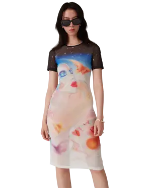Casablanca Galactic Connection Mesh Short Sleeve Dress