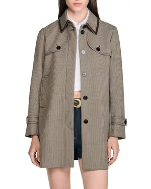Sandro Houndstooth Trench Coat - Brown/ Beige