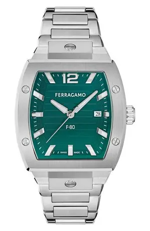 FERRAGAMO F-80 Tonneau Bracelet Watch - Stainless Steel/teal
