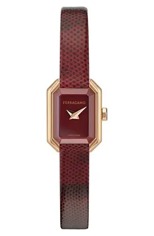 FERRAGAMO Crystal Petite Leather Strap Watch - Ip Rose Gold/embossed