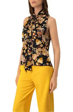 IVONNE Printed V-neck Sleeveless Blouse With Neck Ties