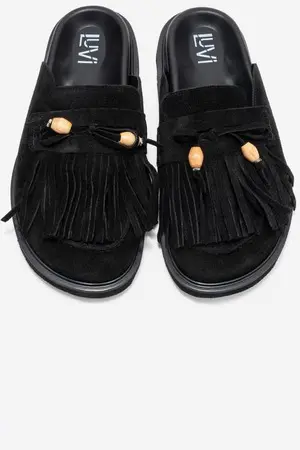 FOREVER & ALWAYS SHOES Carol Tassel Leather Mule - Black Suede Leather