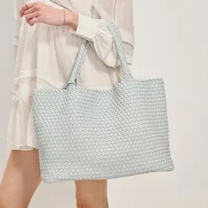 MODA LUXE Vegan Leather Woven Tote - Ice Blue
