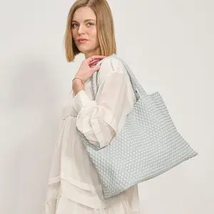 MODA LUXE Vegan Leather Woven Tote - Ice Blue