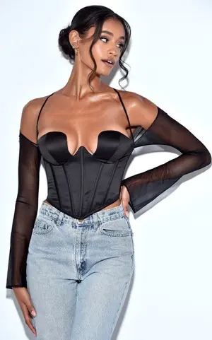 MISS CIRCLE Mesh Sleeve Halter Corset Satin Top