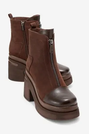 PROLOGUE SHOES Ardenne Platform Zip Up Boots - Brown Suede Faux Leather