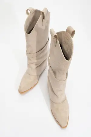 PROLOGUE SHOES Okus Buckle Block Heel Boot - Beige Suede Faux Leather