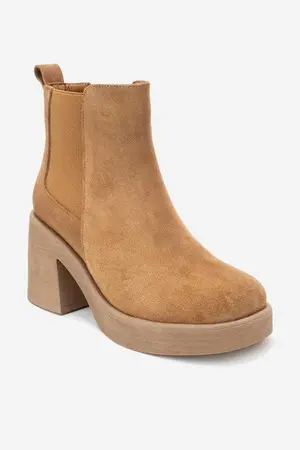 FOREVER & ALWAYS SHOES Platform Ankle Boots - Cognac Suede Leather