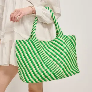 MODA LUXE Woven Vegan Leather Tote - Green Ivory