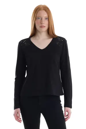 WILT CLOTHING V-neck Long Sleeve Mixed Media Tee With Lace Inset - Black