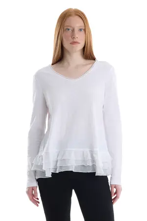 WILT CLOTHING V-neck Long Sleeve Tee With Ruffle Hem - White