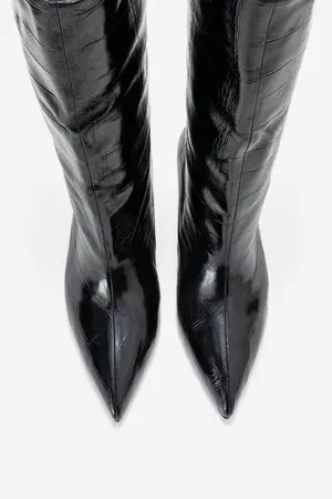 PROLOGUE SHOES Embossed Pointed-toe Boots - Black Print Faux Leather