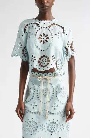 Zimmermann Awaken Embroidered Linen Crop Top - Mint