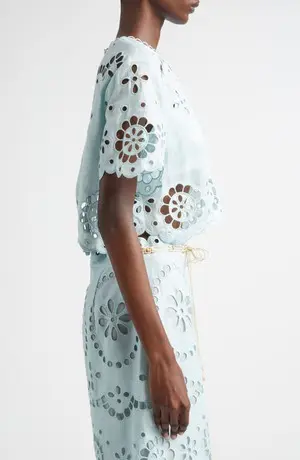 Zimmermann Awaken Embroidered Linen Crop Top - Mint