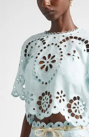 Zimmermann Awaken Embroidered Linen Crop Top - Mint