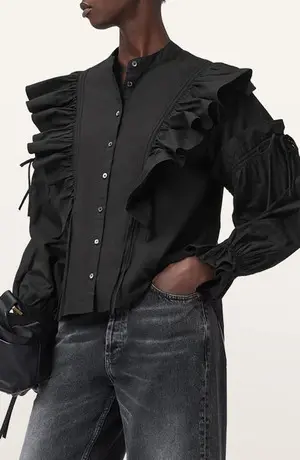 ALLSAINTS Lulu Ruffle Ruched Cotton Shirt - Black