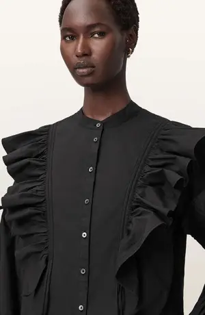 ALLSAINTS Lulu Ruffle Ruched Cotton Shirt - Black