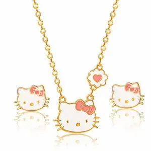 HELLO KITTY Enamel-coated Necklace And Stud Earrings Set - Magenta