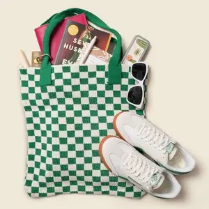 CASUPO Checkered Knit Tote Bag Green And White