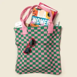 CASUPO Checkered Knit Tote Bag Pink And Green