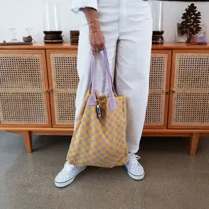 CASUPO Checkered Knit Tote Bag - Yellow And Pink
