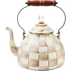 MACKENZIE-CHILDS Check Enameled Steel 3-quart Tea Kettle - Mocha