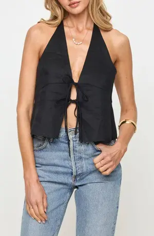 L*Space April Tie Front Halter Linen Cover-up Top - Black