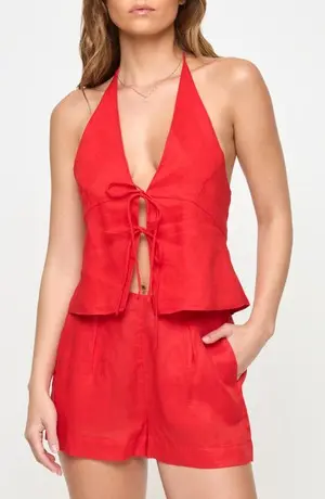L*Space LSPACE April Tie Front Halter Linen Cover-Up Top Flame