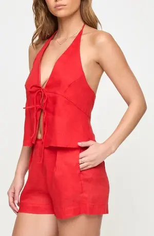 L*Space April Tie Front Halter Linen Cover-up Top - Flame