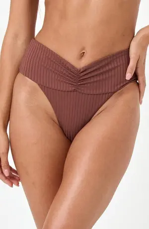 L*Space Bardot Ruched Rib Bikini Bottoms Cafe