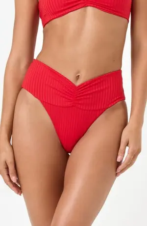 L*Space Bardot Ruched Rib Bikini Bottoms - Flame
