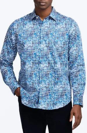 Robert Graham Hester Tile Print Stretch Cotton Button-up Shirt