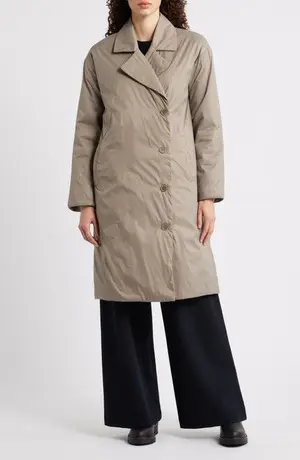 Eileen Fisher High Collar Padded Longline Coat - Reed