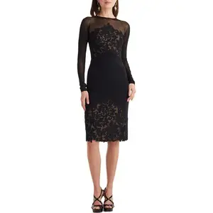 Tadashi Shoji Illusion Neck Laser Cut Long Sleeve Cocktail Dress - Black/nude
