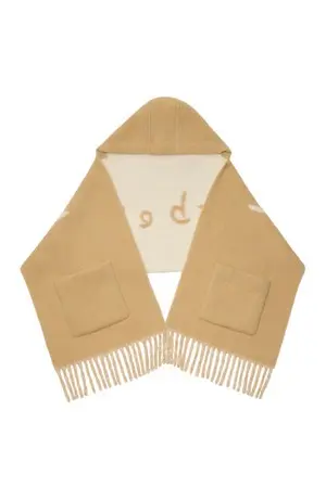 Burberry Logo Alpaca Wool Blend Hooded Scarf - Sand Beige