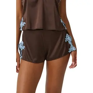 KAT THE LABEL Lace Trim Satin Tap Shorts - Espresso