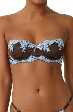 KAT THE LABEL Lace Trim Underwire Strapless Satin Bra - Espresso