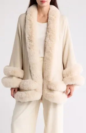 La Fiorentina Faux Fur Trimmed Ruana - Beige