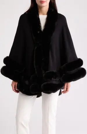 La Fiorentina Faux Fur Trimmed Ruana Black
