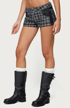 EDIKTED Plaid Denim Shorts - Black Multi
