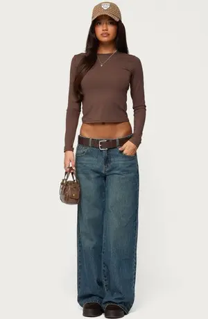 EDIKTED Tay Long Sleeve Crop Top - Brown