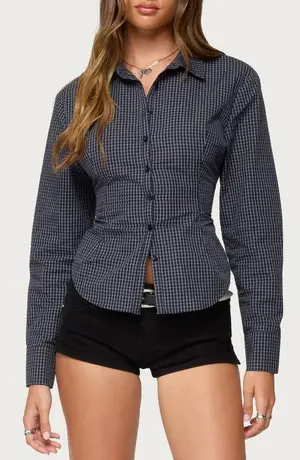 EDIKTED Check Button-up Lace-up Shirt