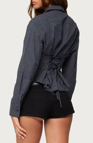 EDIKTED Check Button-up Lace-up Shirt