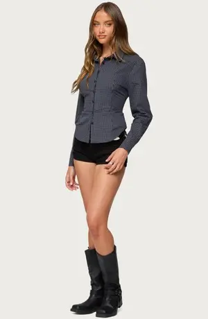 EDIKTED Check Button-up Lace-up Shirt