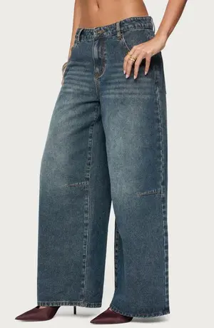 EDIKTED Santi Low Rise Wide Leg Jeans - Dark-blue
