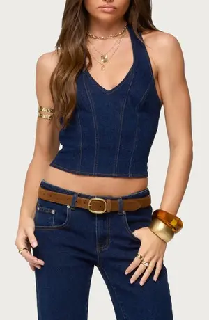 EDIKTED Contrast Stitch Denim Halter Top