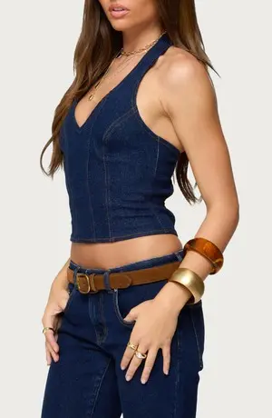 EDIKTED Contrast Stitch Denim Halter Top