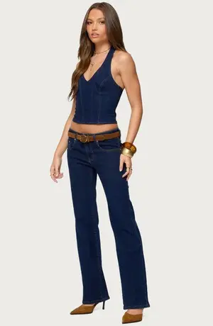 EDIKTED Contrast Stitch Denim Halter Top