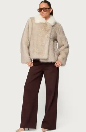 EDIKTED Faux Fur Jacket With Contrast Collar